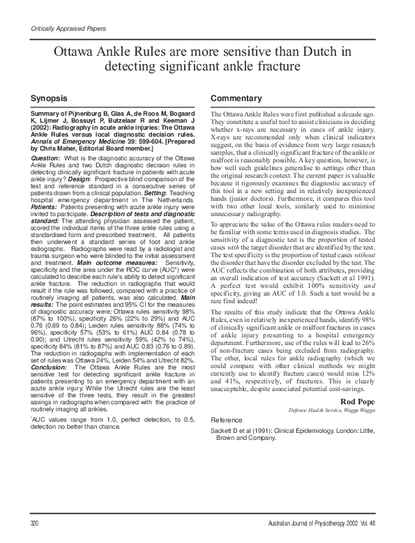 (PDF) Ottawa Ankle Rules are more sensitive than Dutch in detecting significant ankle fracture