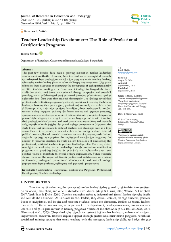 (PDF) Teacher Leadership Development: The Role of Professional ...