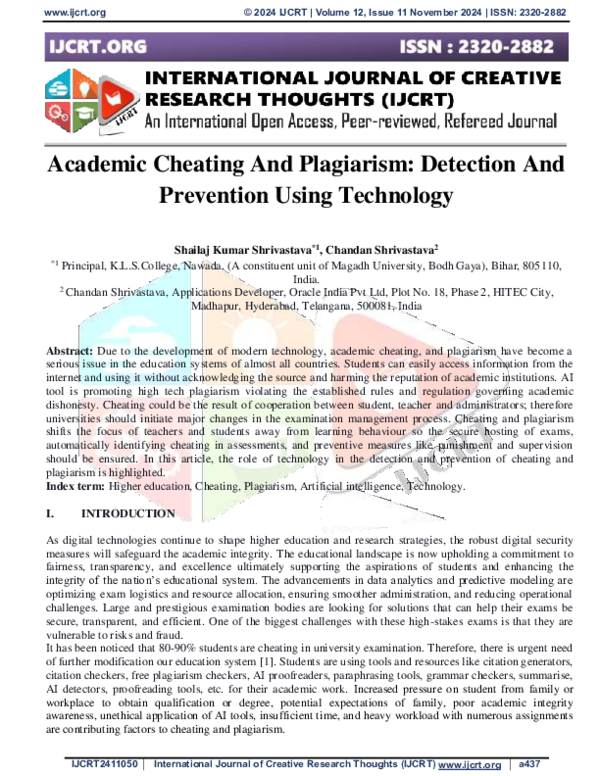 Pdf Academic Cheating And Plagiarism Detection And Prevention Using Technology