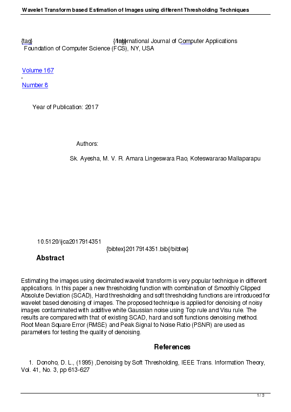 Pdf Wavelet Transform Based Estimation Of Images Using Different Thresholding Techniques