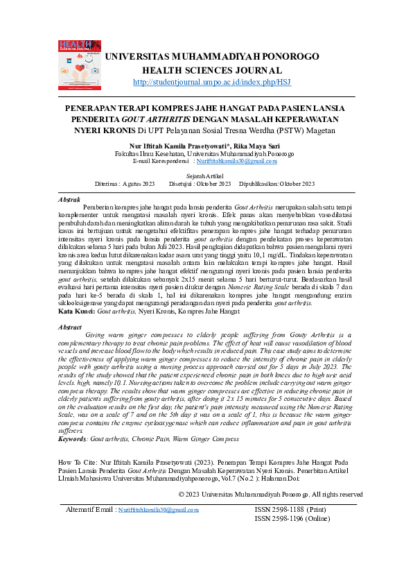 (PDF) Penerapan Terapi Kompres Jahe Hangat Pada Pasien Lansia Penderita Gout Arthritis Dengan ...