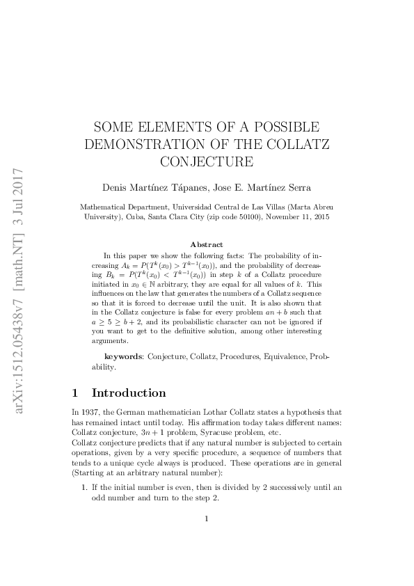 (PDF) Some elements for the demonstration of Collatz conjecture