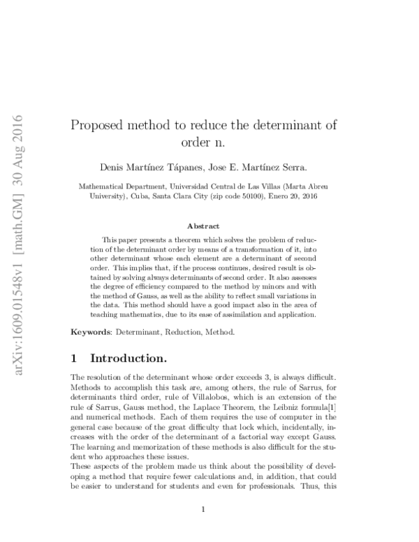 (PDF) Proposed method to reduce the determinant of order n