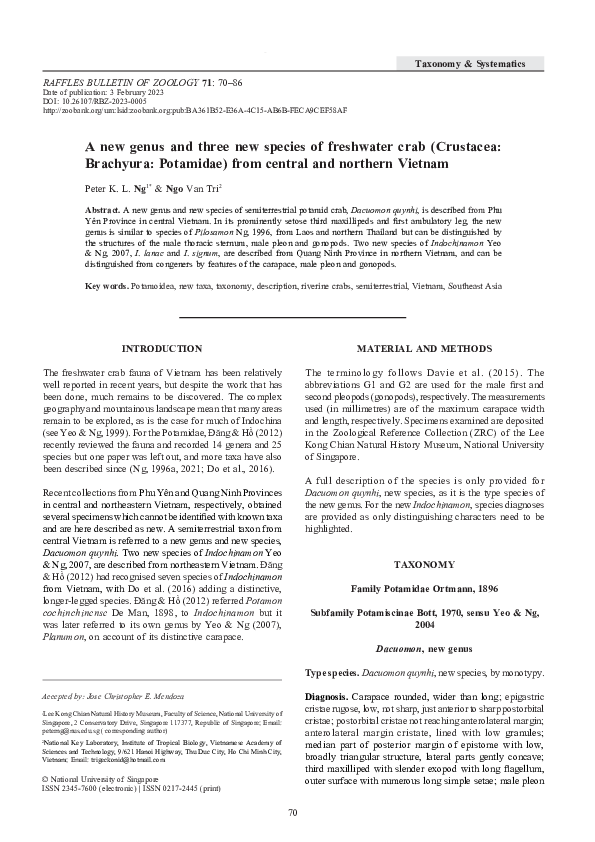 (PDF) A new genus and three new species of freshwater crab (Crustacea ...