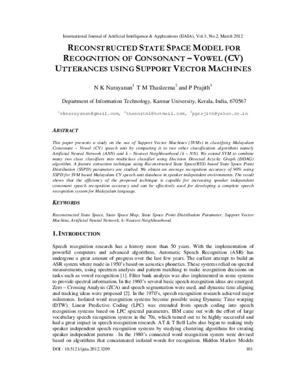 (PDF) Reconstructed State Space Model for Recognition of Consonant - Vowel (Cv) Utterances Using ...