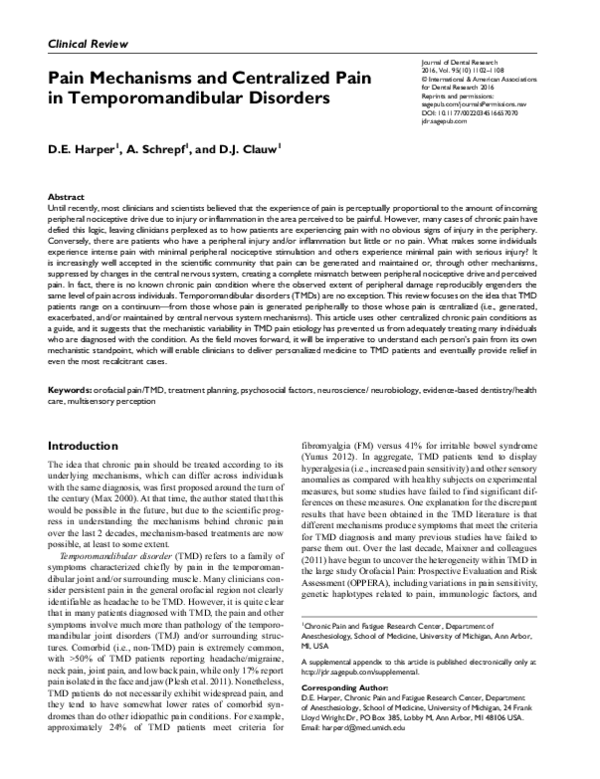 (PDF) Pain Mechanisms and Centralized Pain in Temporomandibular Disorders
