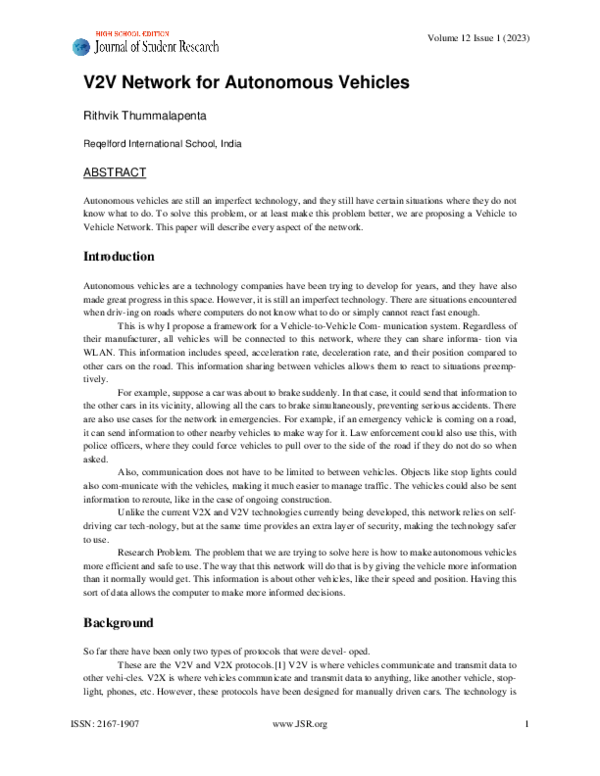 (PDF) V2V Network for Autonomous Vehicles | Rithvik Thummalapenta - Academia.edu