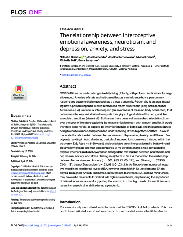 The relationship between interoceptive emotional awareness, neuroticism ...