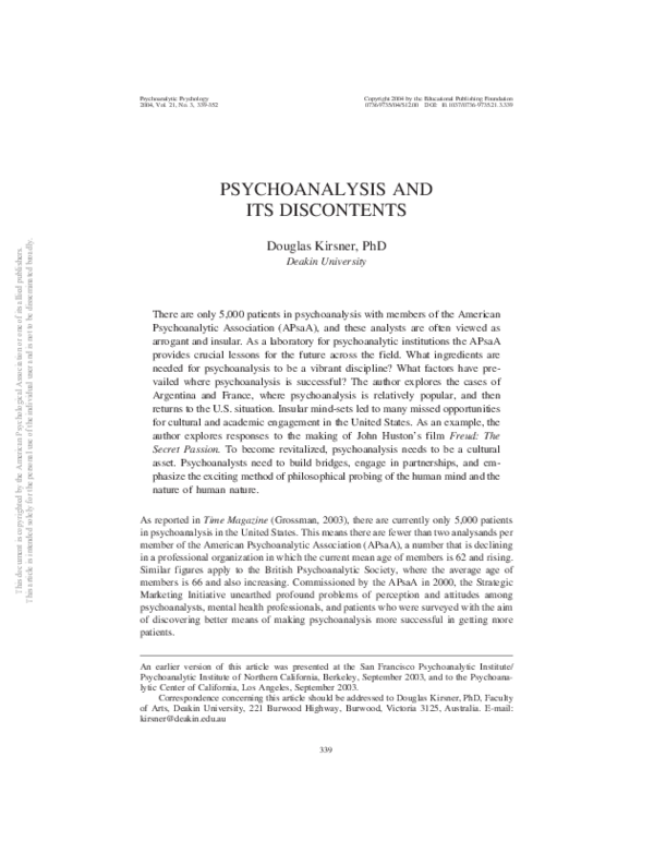 (PDF) Psychoanalysis and Its Discontents