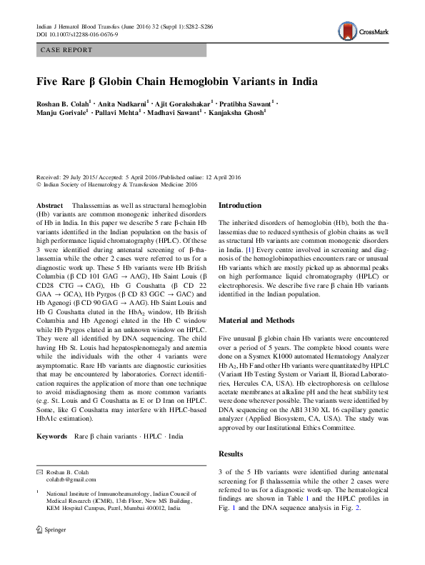 (PDF) Five Rare β Globin Chain Hemoglobin Variants in India | Kanjaksha ...