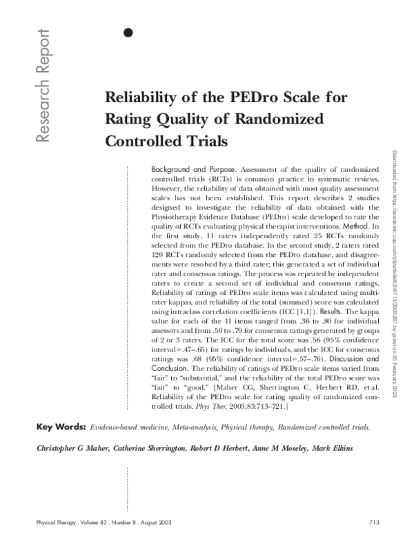 (PDF) Reliability of the PEDro Scale for Rating Quality of Randomized ...
