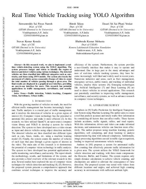 (PDF) Real Time Vehicle Tracking using YOLO Algorithm