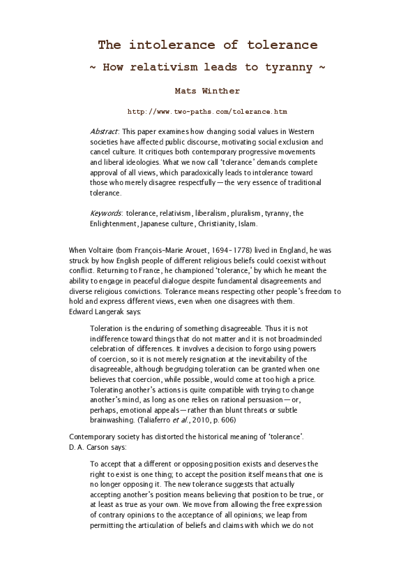 (PDF) The Intolerance of Tolerance : How relativism leads to tyranny