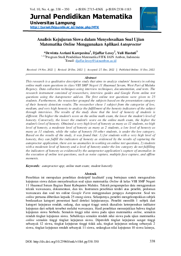 (PDF) Analisis Kejujuran Siswa Dalam Menyelesaikan Soal Ujian Matematika Online Menggunakan ...