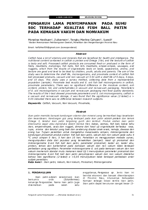(PDF) Pengaruh Lama Penyimpanan Pada Suhu 50C Terhadap Kualitas Fish Ball Patin Pada Kemasan ...