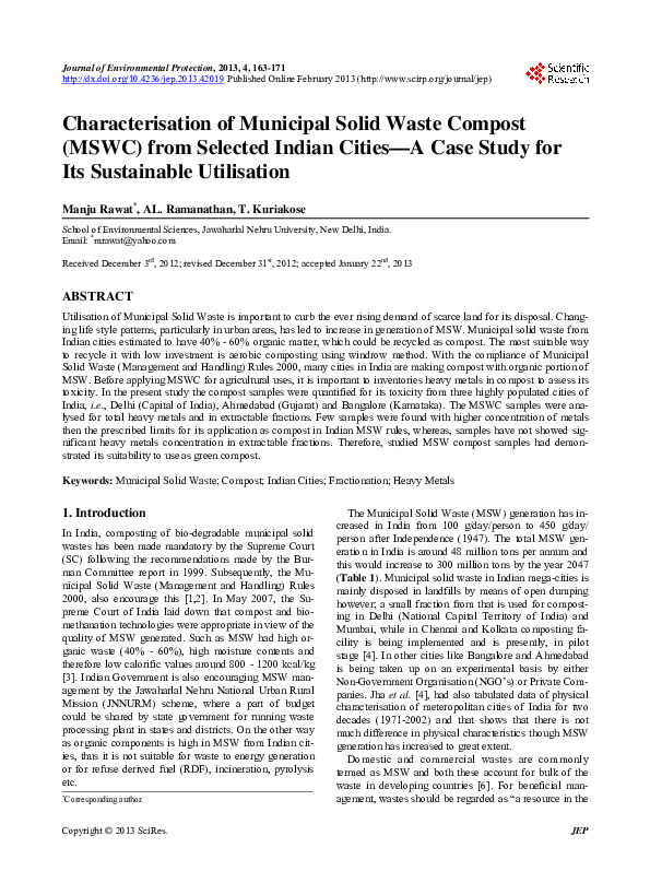 (PDF) Characterisation of Municipal Solid Waste Compost (MSWC) from Selected Indian Cities—A ...