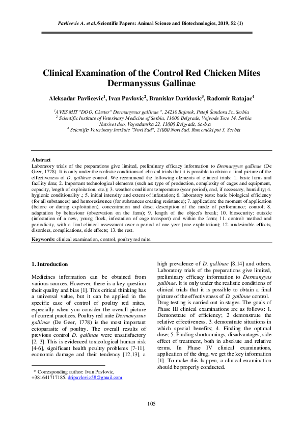 (PDF) Clinical Examination Of The Control Red Chicken Mites Dermanyssus ...