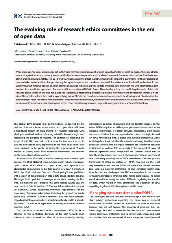 (PDF) The evolving role of research ethics committees in the era of open data