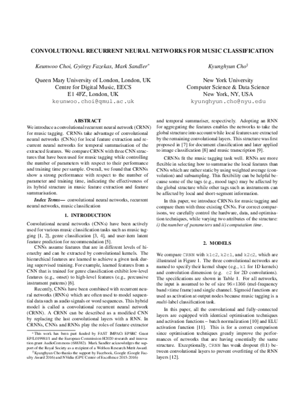 (PDF) Convolutional recurrent neural networks for music classification