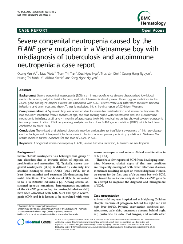 (PDF) Severe congenital neutropenia caused by the ELANE gene mutation ...