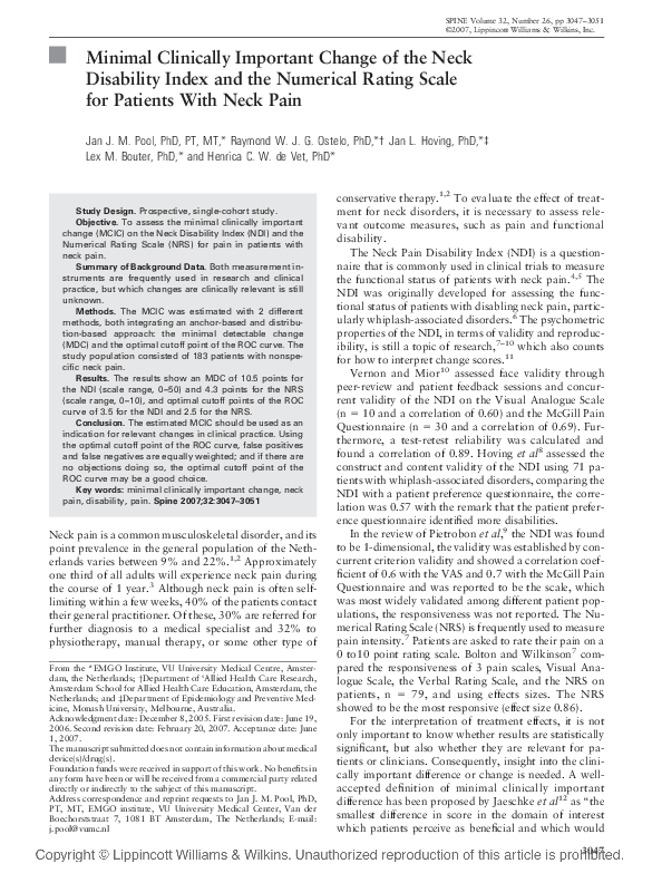 (PDF) Minimal Clinically Important Change of the Neck Disability Index and the Numerical Rating ...