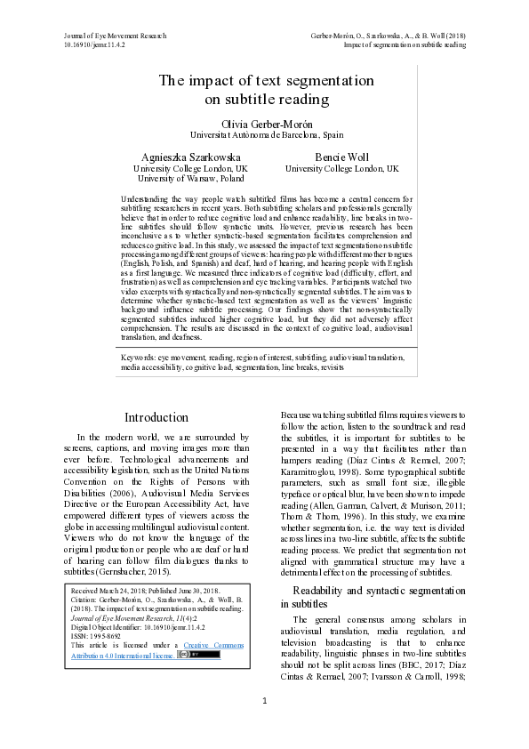 (PDF) The impact of text segmentation on subtitle reading