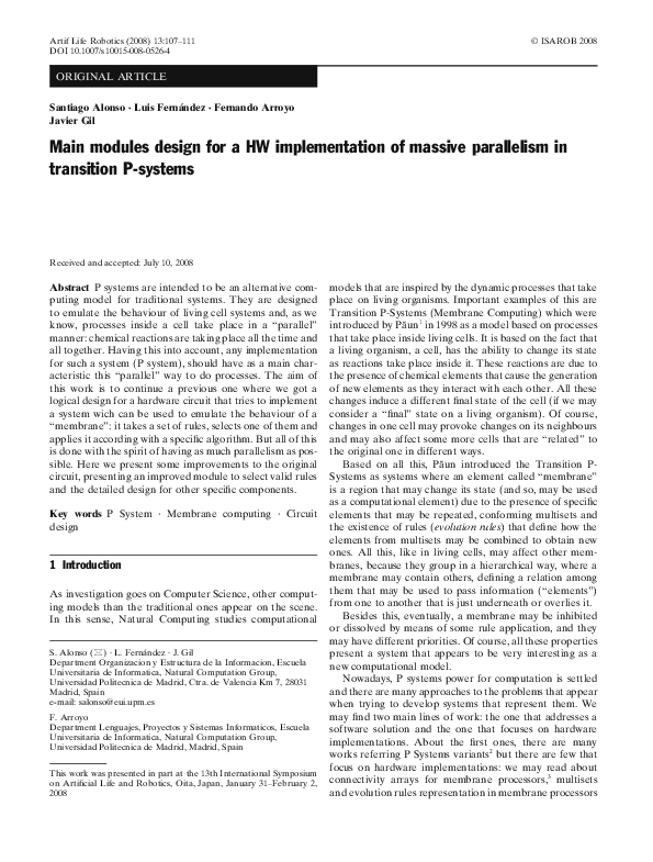 (PDF) Main modules design for a HW implementation of massive parallelism in transition P-systems
