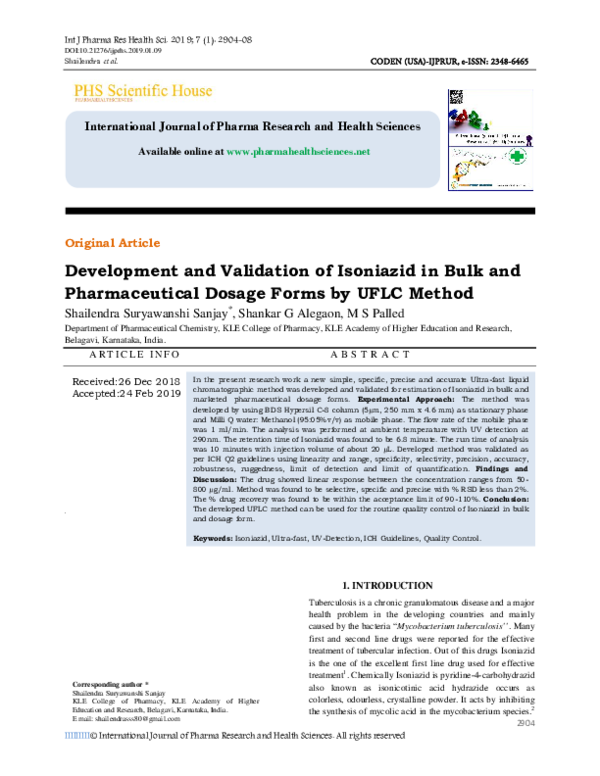 (PDF) Development and Validation of Isoniazid in Bulk and Pharmaceutical Dosage Forms by UFLC Method