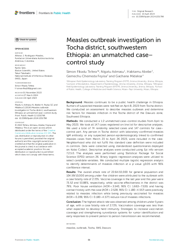 (PDF) Measles outbreak investigation in Tocha district, southwestern ...
