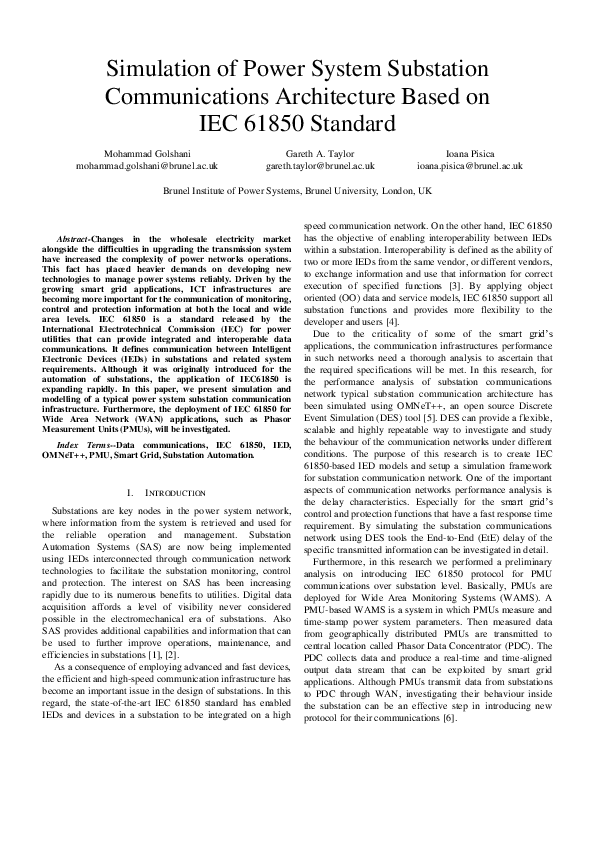 (PDF) Simulation of power system substation communications architecture based on IEC 61850 standard