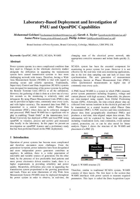 (PDF) Laboratory-based deployment and investigation of PMU and OpenPDC capabilities