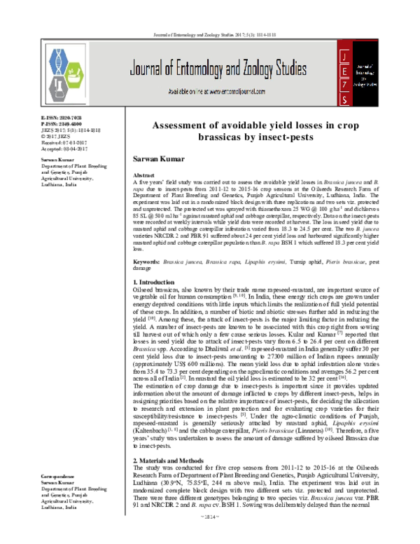 (PDF) Assessment of avoidable yield losses in crop brassicas by insect ...