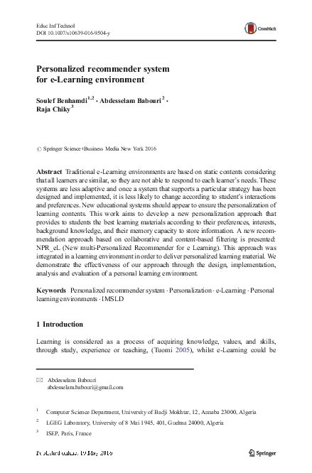(PDF) Personalized recommender system for e-Learning environment