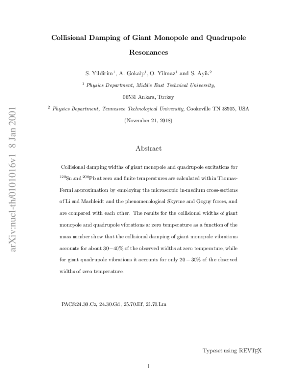 (PDF) Collisional damping of giant monopole and quadrupole resonances