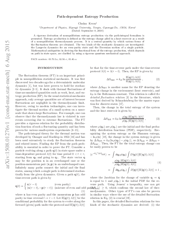 (PDF) Path-dependent entropy production | Chulan Kwon - Academia.edu