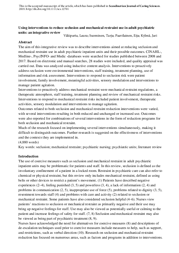 (PDF) Using interventions to reduce seclusion and mechanical restraint use in adult psychiatric ...
