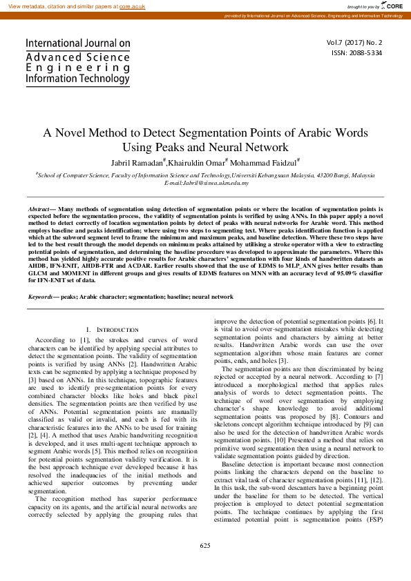 (PDF) A Novel Method to Detect Segmentation points of Arabic Words using Peaks and Neural Network
