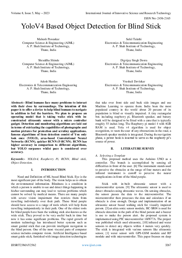 (PDF) YoloV4 Based Object Detection for Blind Stick