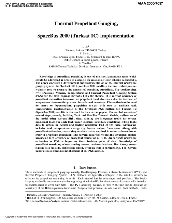 (PDF) Thermal Propellant Gauging, SpaceBus 2000 (Turksat 1C) Implementation