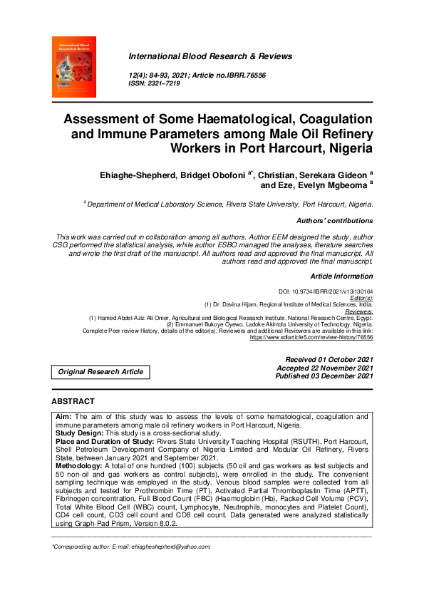 (PDF) Assessment of Some Haematological, Coagulation and Immune ...