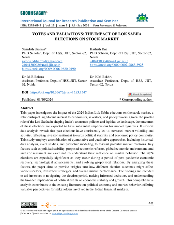 (PDF) VOTES AND VALUATIONS: THE IMPACT OF LOK SABHA ELECTIONS ON STOCK ...