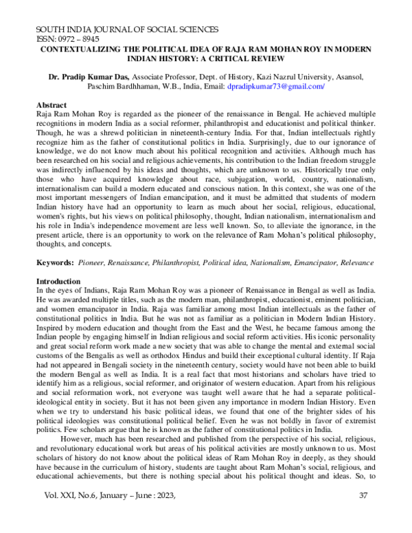 (PDF) CONTEXTUALIZING THE POLITICAL IDEA OF RAJA RAM MOHAN ROY IN MODERN