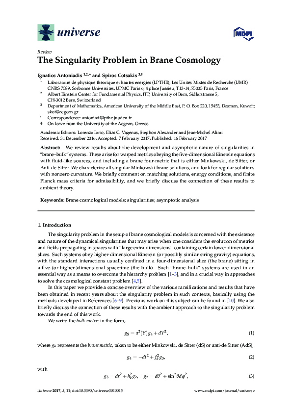 (PDF) The Singularity Problem in Brane Cosmology