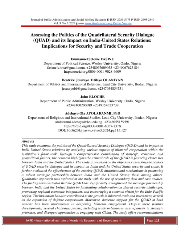 (PDF) Assessing the Politics of the Quadrilateral Security Dialogue ...