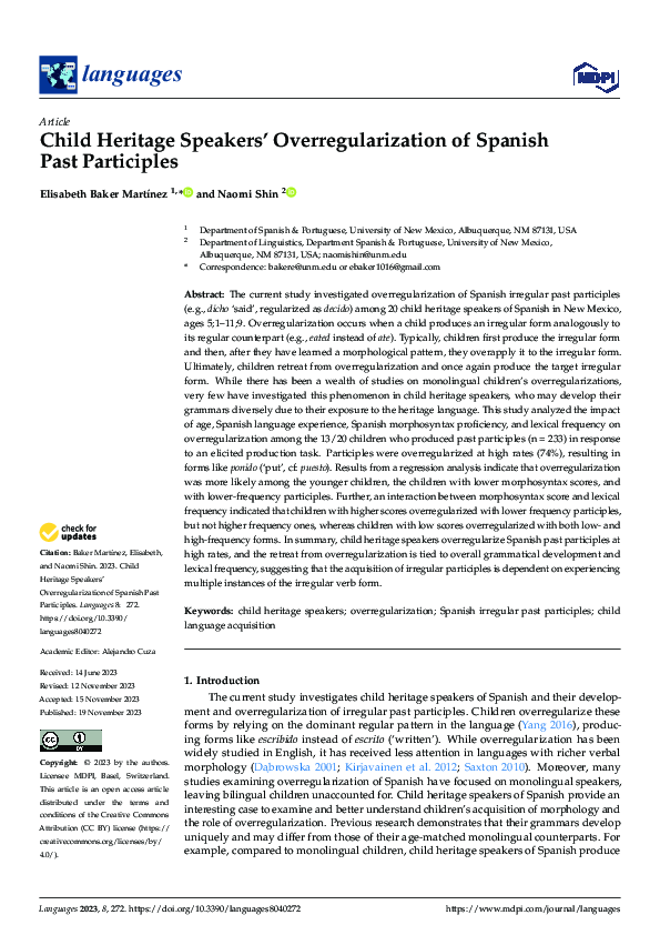 (PDF) Child Heritage Speakers’ Overregularization of Spanish Past ...
