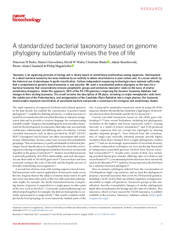(PDF) A standardized bacterial taxonomy based on genome phylogeny ...