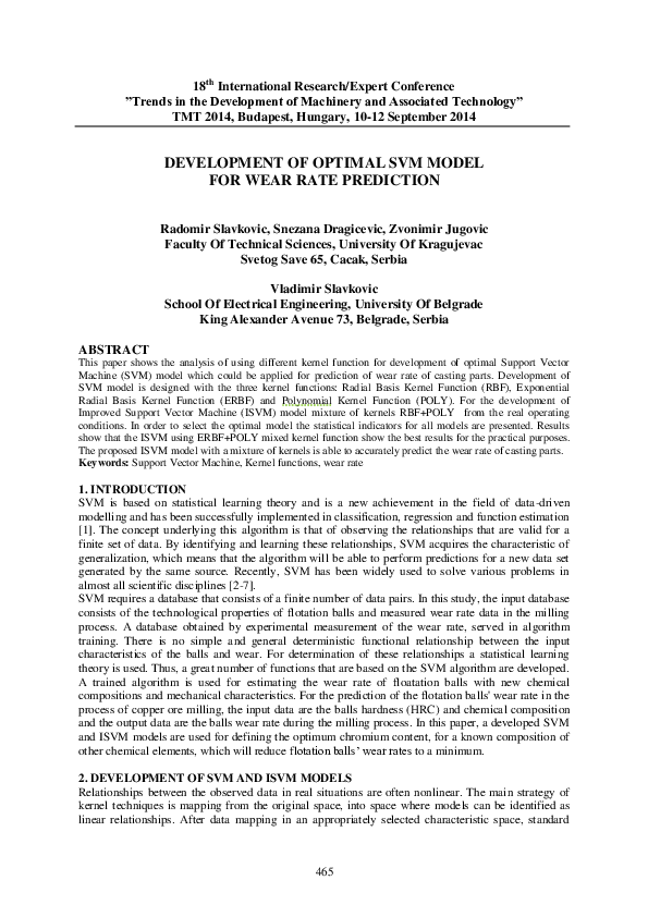 (PDF) Development of Optimal SVM Model for Wear Rate Prediction