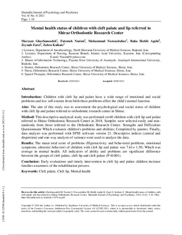 (PDF) Mental health status of children with cleft palate and lip referred to Shiraz Orthodontic ...