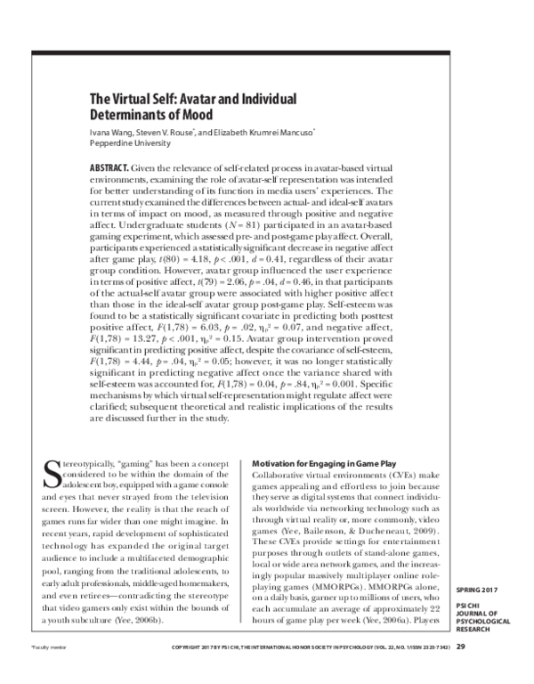 (PDF) The Virtual Self: Avatar and Individual Determinants of Mood