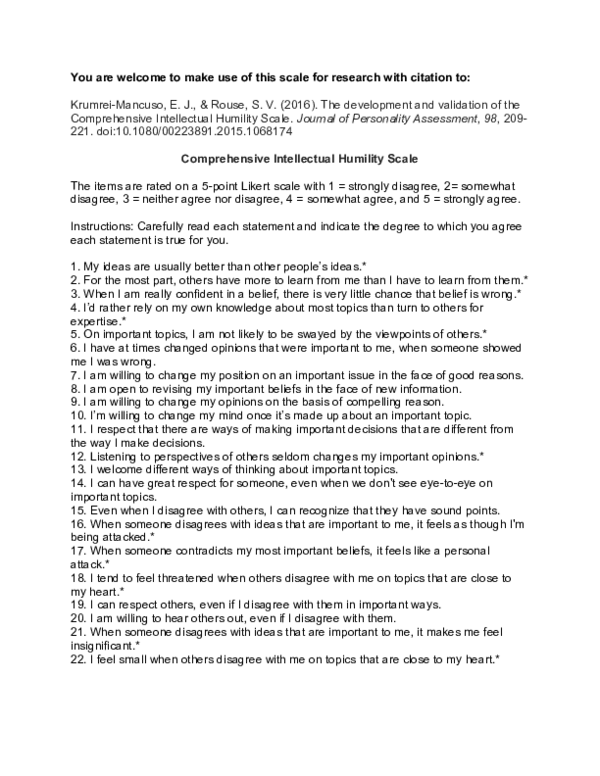 (PDF) Comprehensive Intellectual Humility Scale